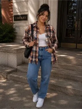 Thrill Jeans | Tops | Plaid Frayed Hem Buttondown Shirt Jacket In Rust ...